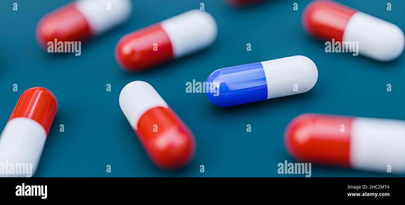 Red pills and blue pill, blur effect Background for health and ...