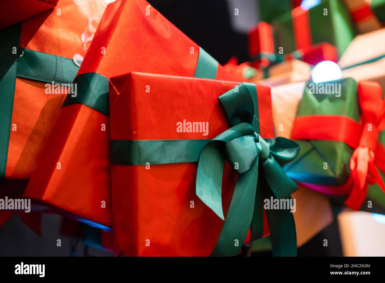 Gift boxes with ribbons of different colors Stock Photo - Alamy