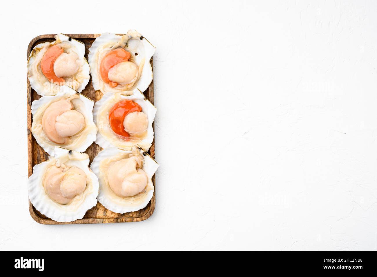 Fresh scallop set, on white stone table background, top view flat lay ...