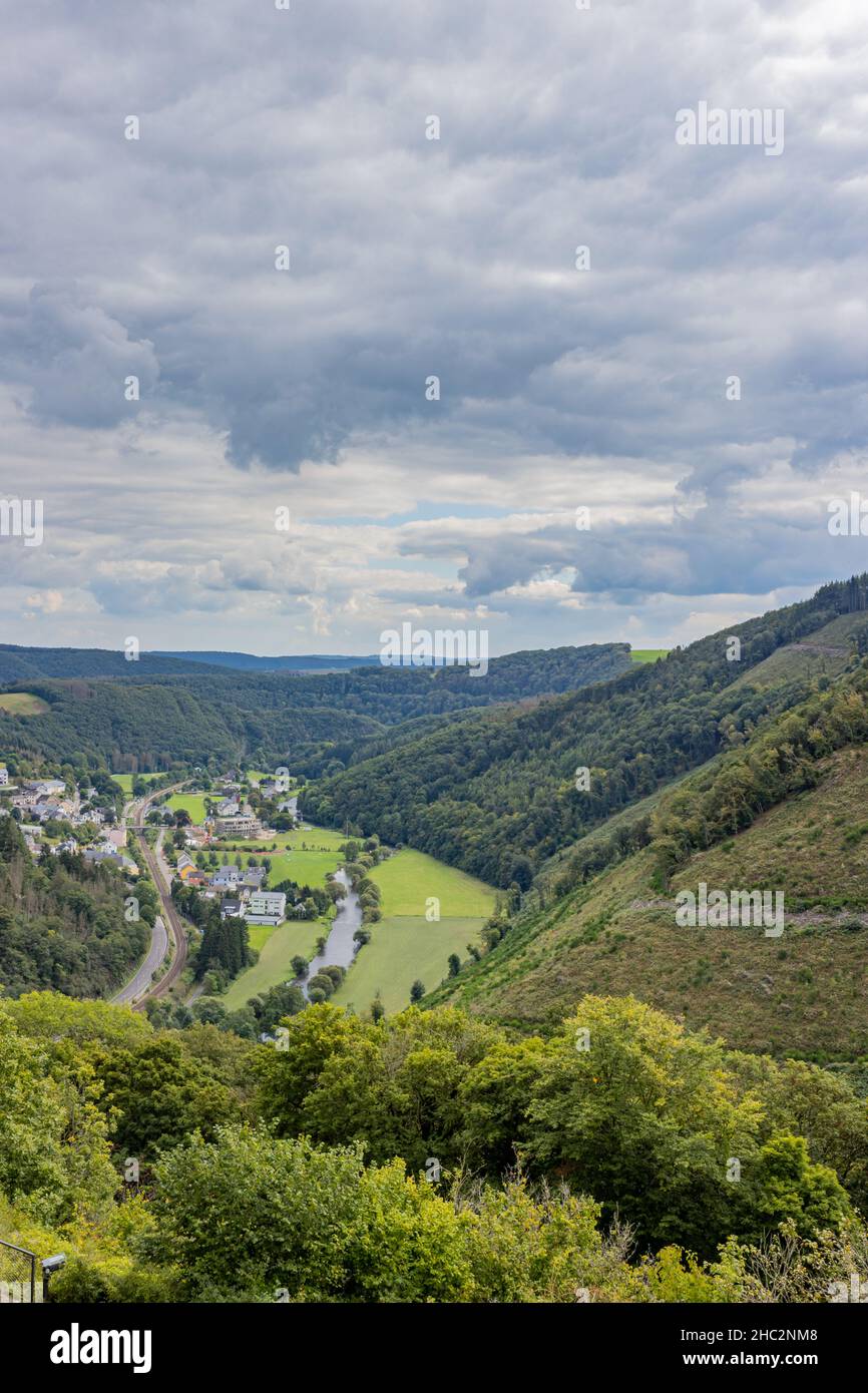 Aerial view, town of Bourscheid with its houses, a rural road and a ...