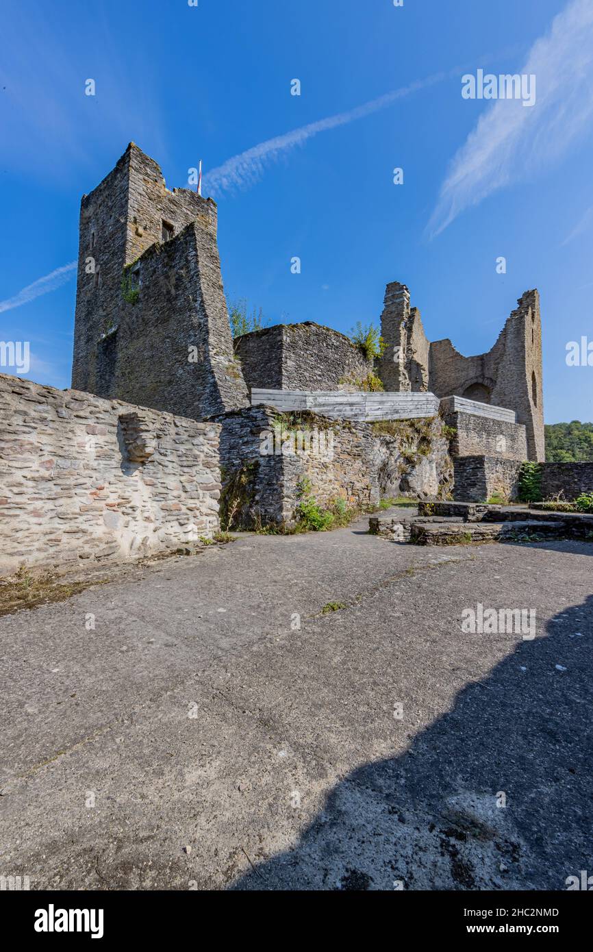 Stone path to ruined Brandenburg castle, damaged and deteriorated stone ...