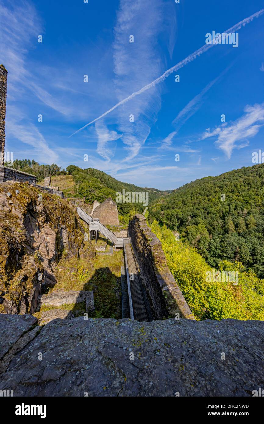 Brandenburg castle ruins, destroyed walls, metal walkway, stairs, rock ...