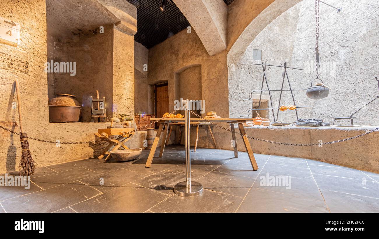 Vianden, Luxembourg. September 25, 2021. Kitchen inside the castle of ...