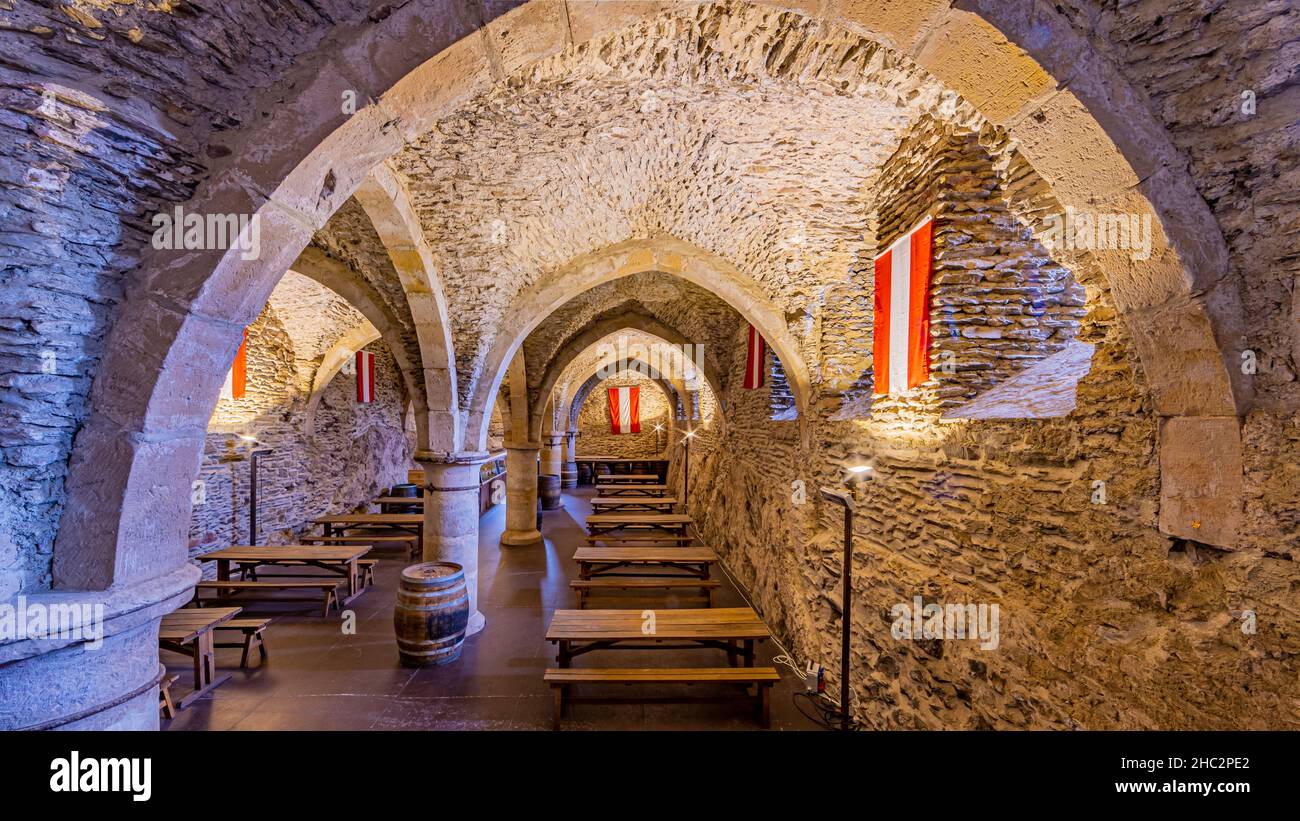 Vianden, Luxembourg. September 25, 2021. Wooden tables and benches ...