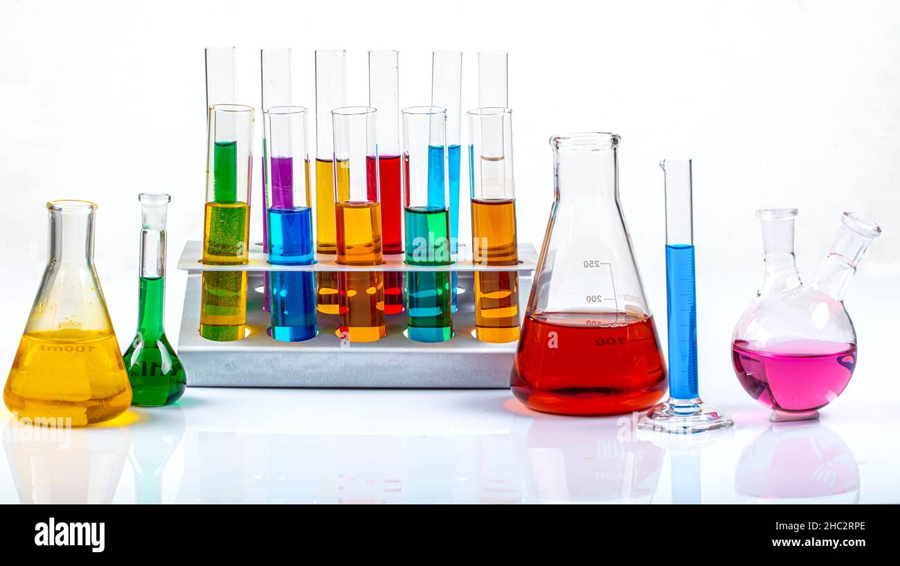 Glass laboratory materials such as erlenmeyer, tubes, and measuring ...