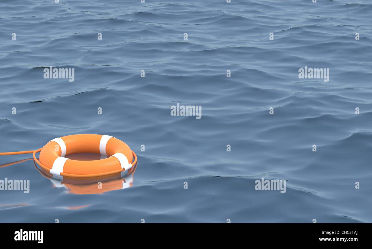 Orange Lifebuoy in ocean Emergency lifesaver buoy in water. Saving ...