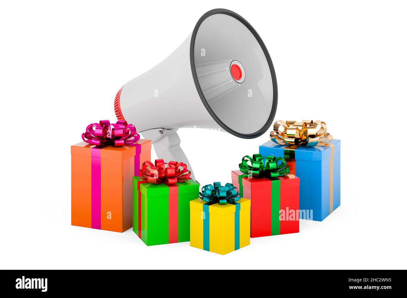 Gift boxes with megaphone, 3D rendering isolated on white background ...