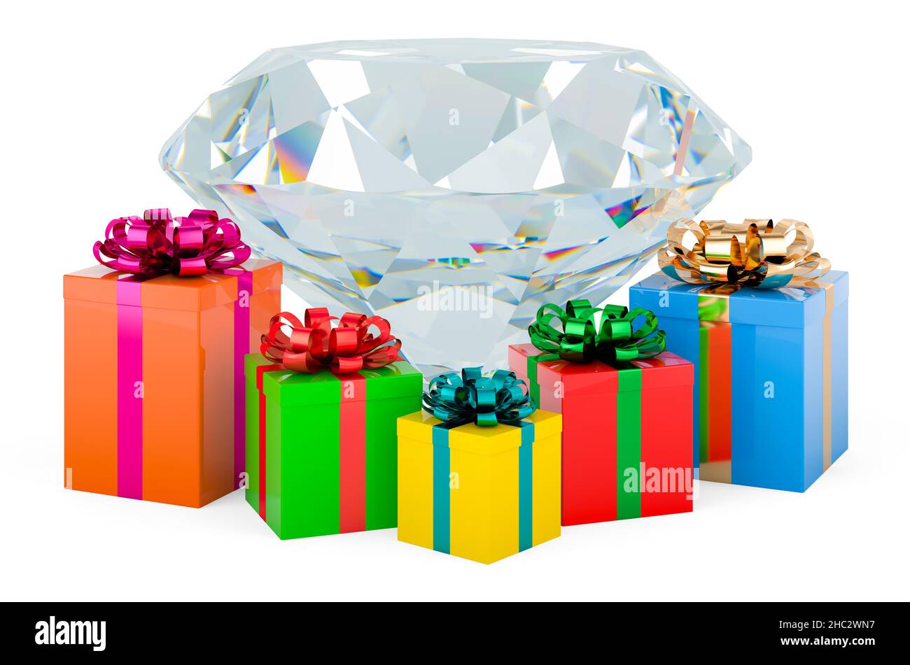 Diamond with gift boxes, 3D rendering isolated on white background ...