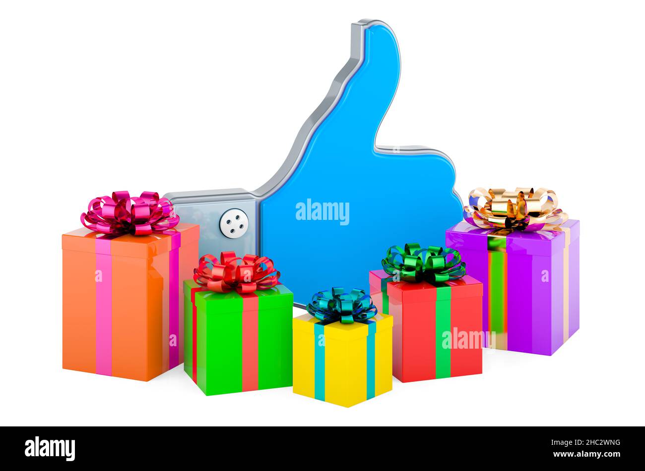 Thumb up symbol with gift boxes, 3D rendering isolated on white ...