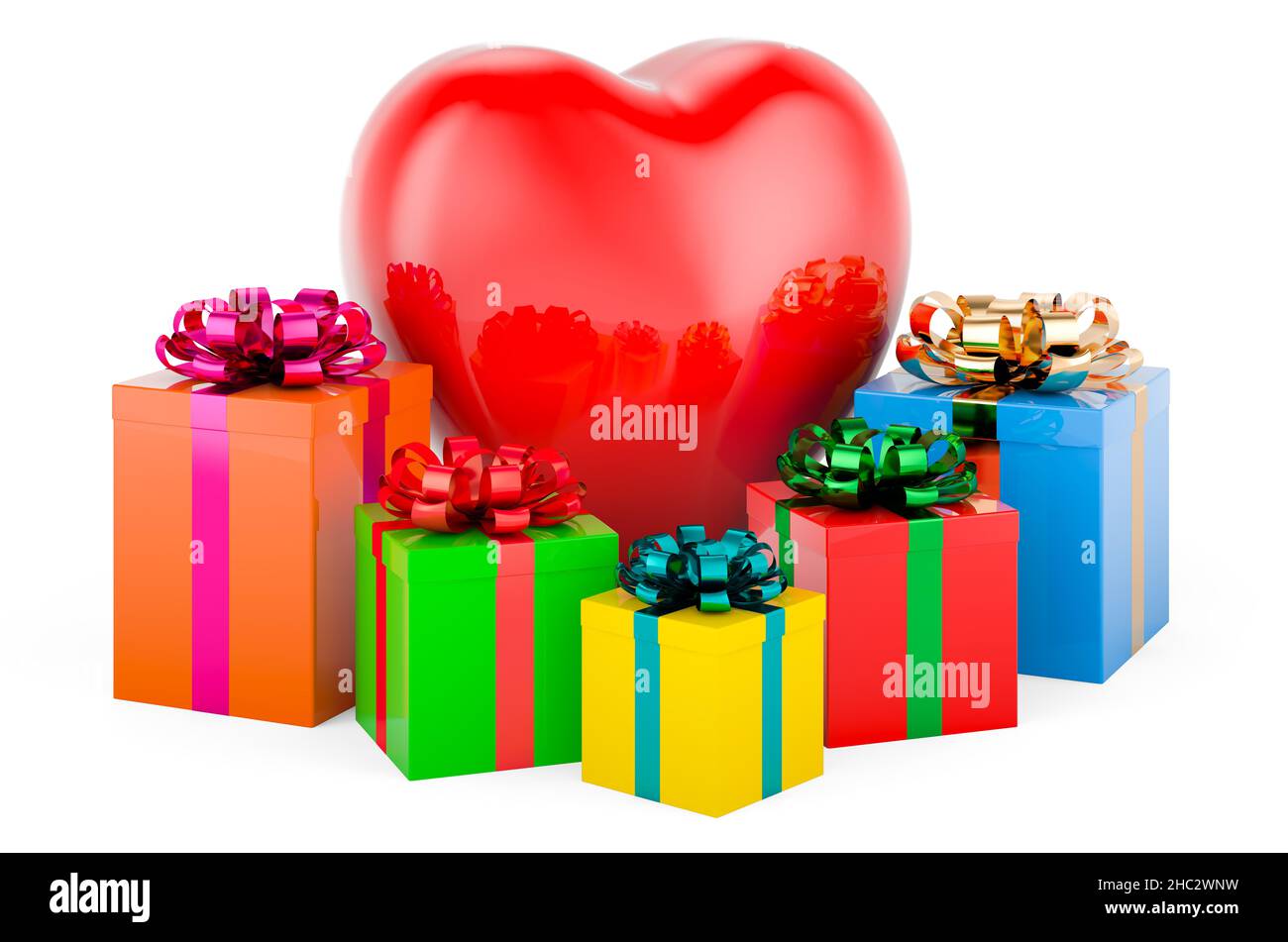 Red heart with gift boxes, 3D rendering isolated on white background ...