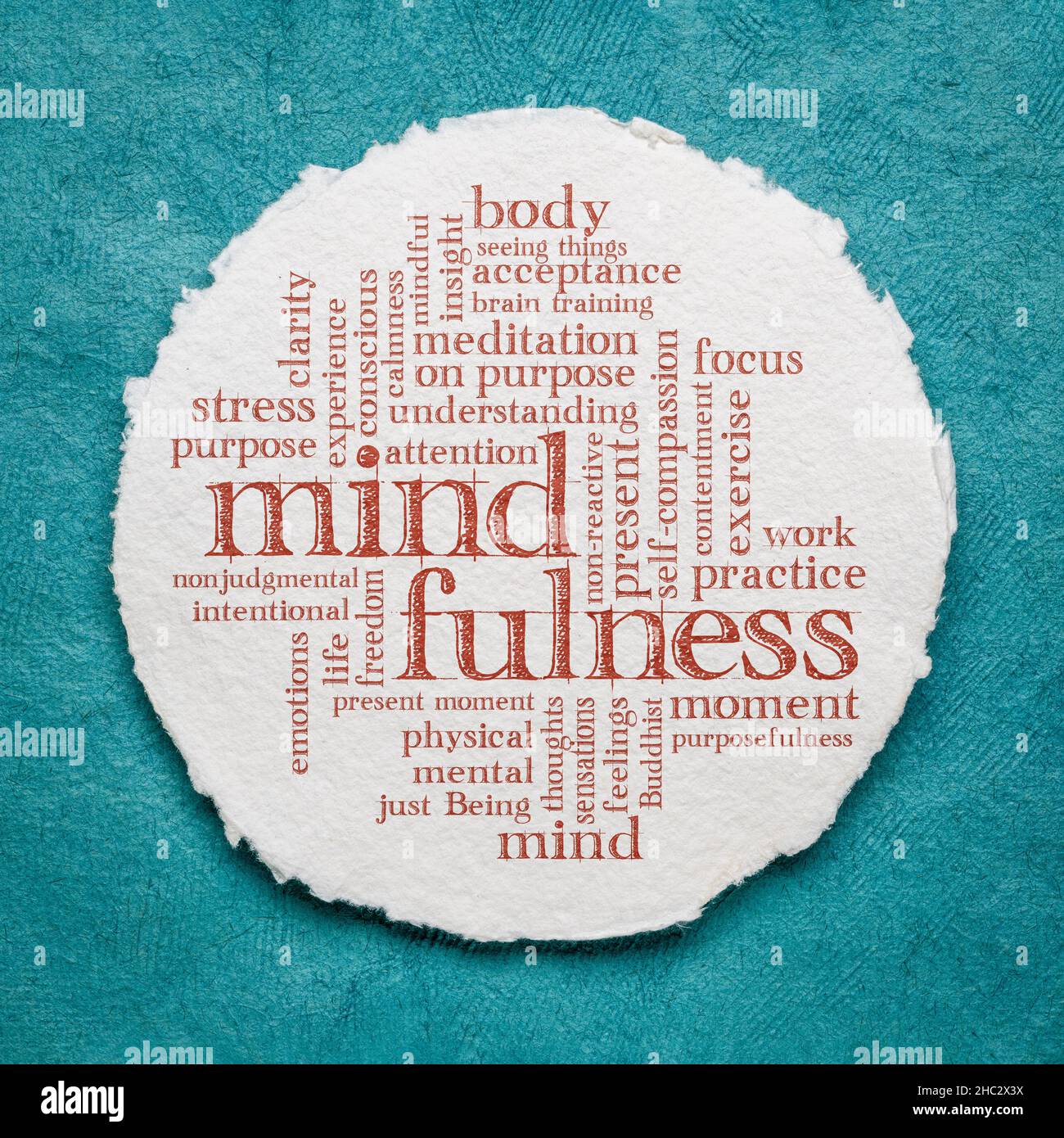 mindfulness word cloud - handwriting on a sheet of round watercolor ...