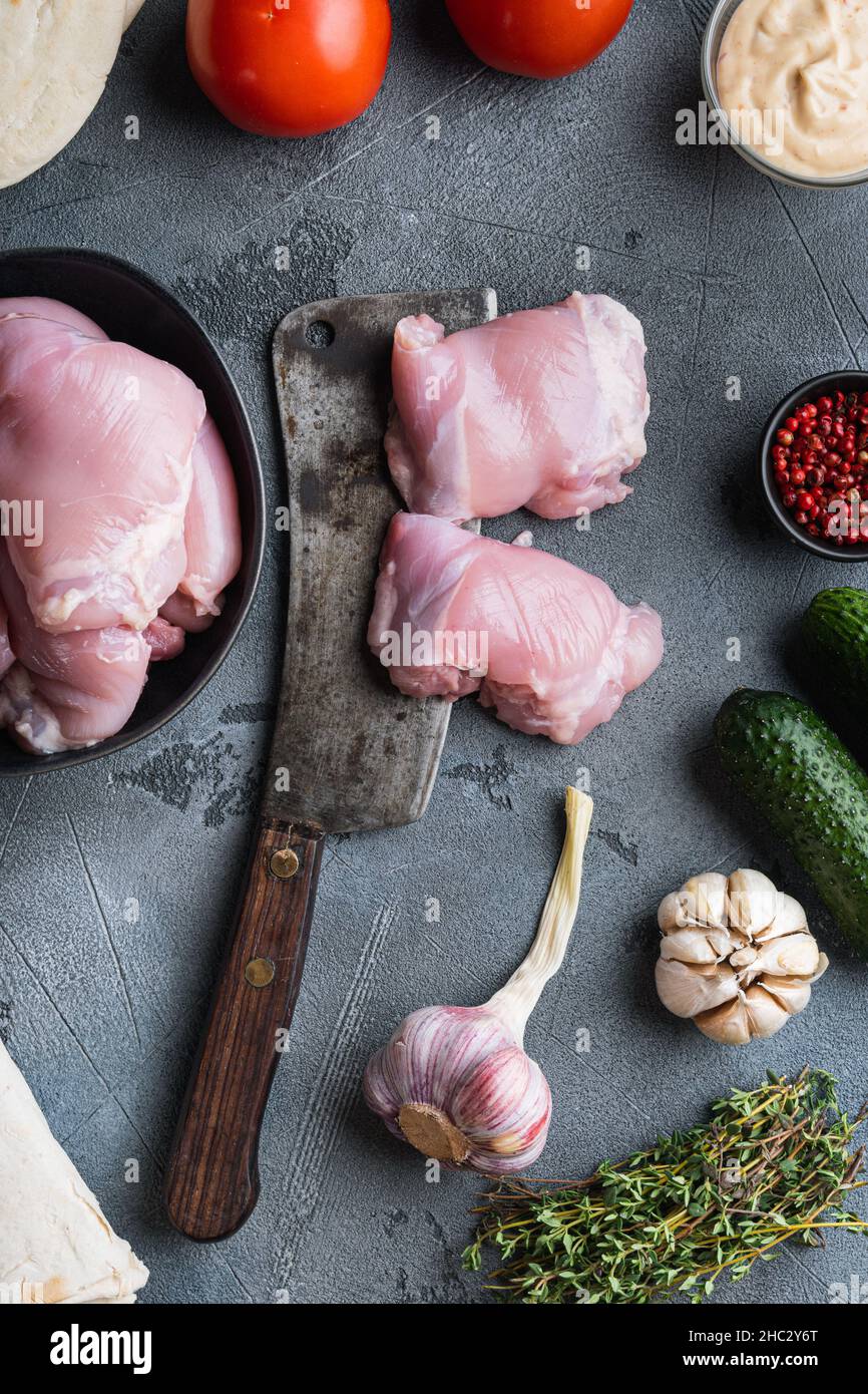 Raw gyros ingredients, chicken meat on grey background, flat lay Stock ...