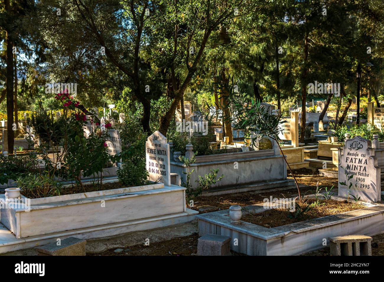 Kemer, Turkey - November 11, 2021: muslim cemetery with marble ...