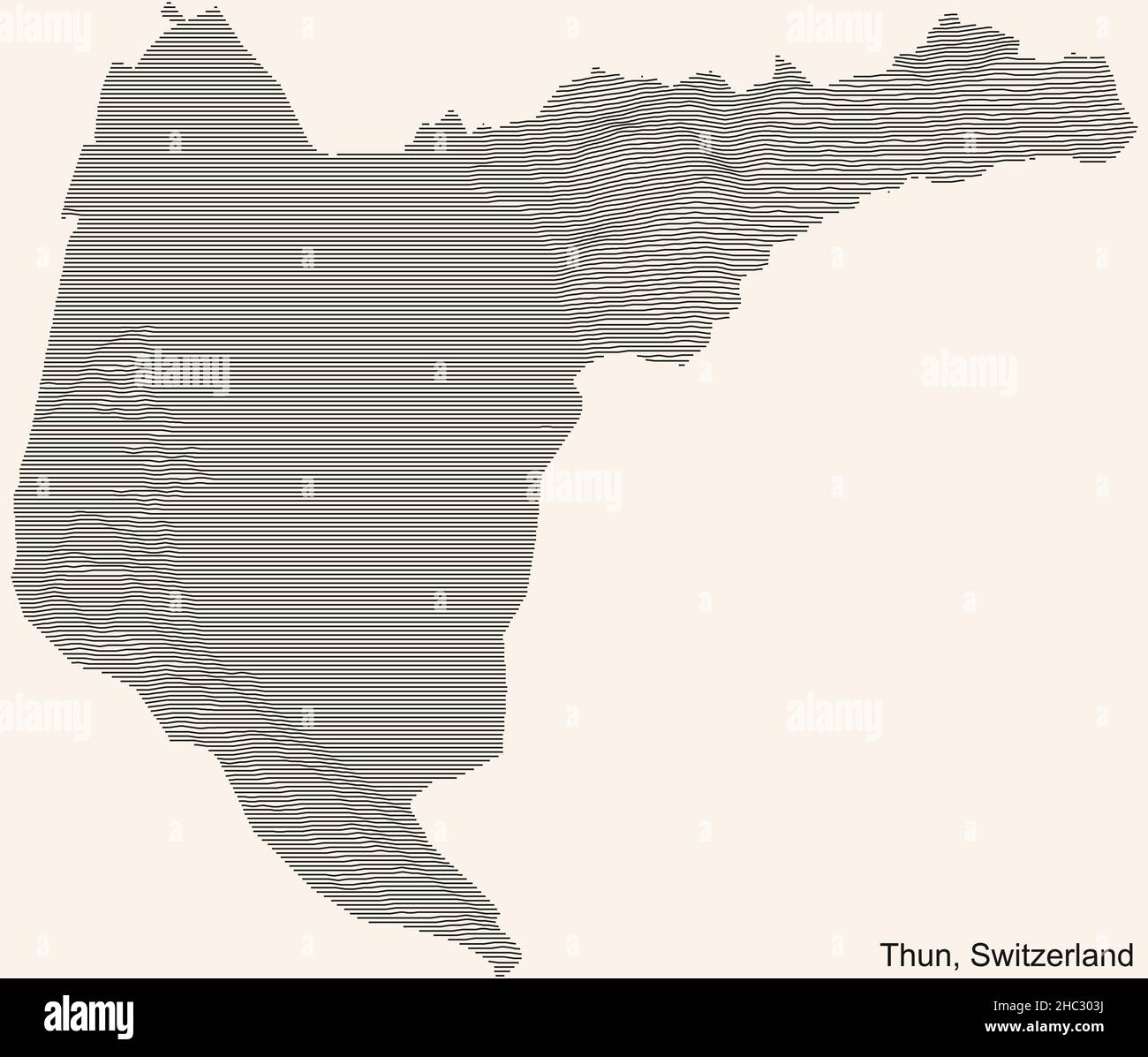 Topographic relief map of the city of Thun, Switzerland with black ...