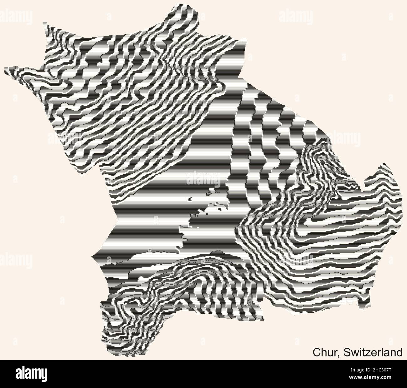 Topographic relief map of the city of Chur, Switzerland with black ...