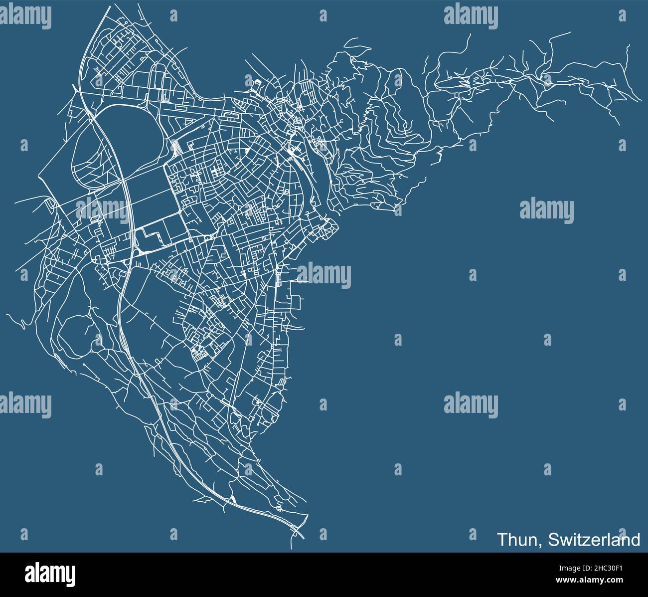 Detailed technical drawing navigation urban street roads map on blue ...