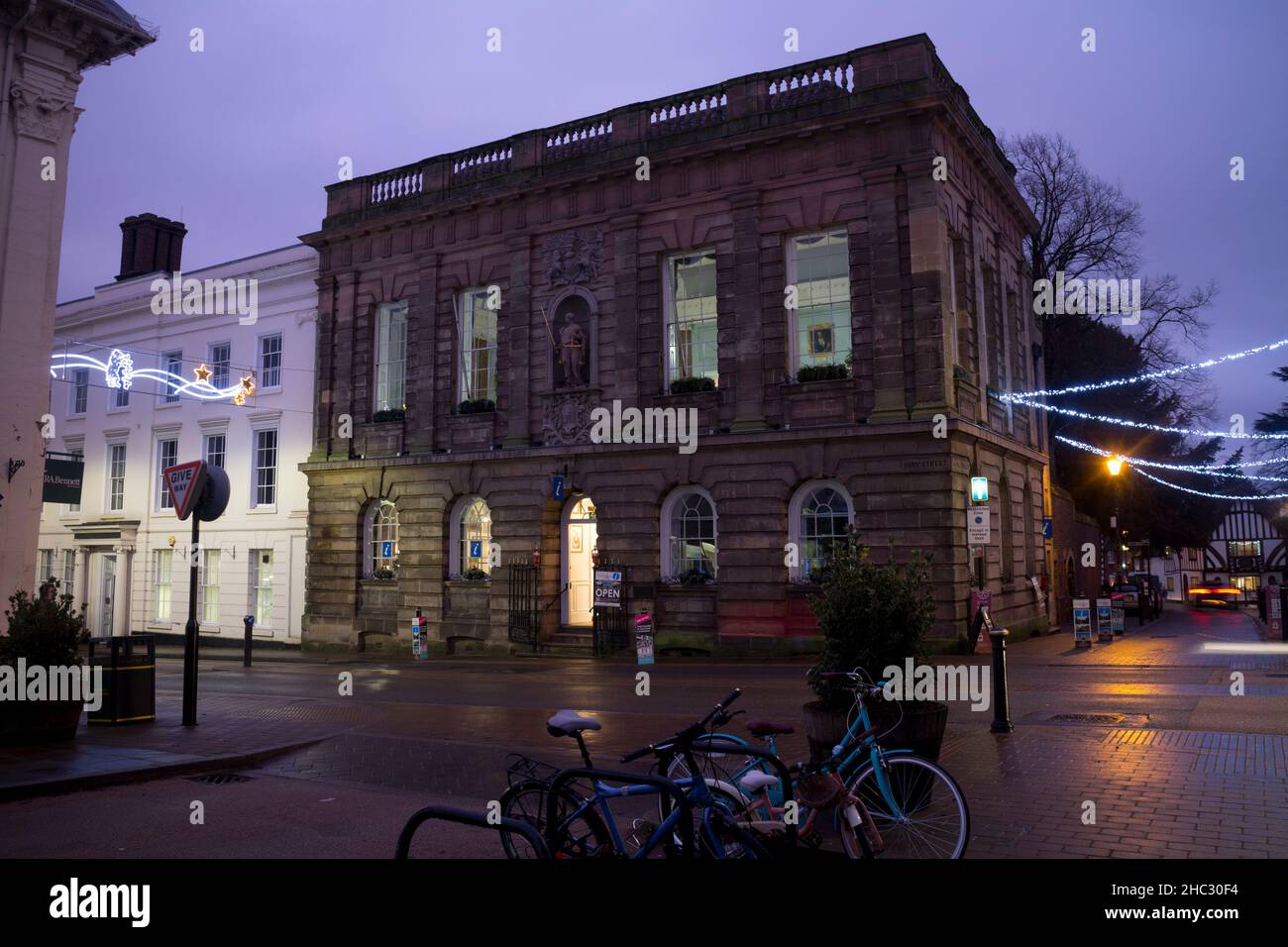 The Court House at dusk at Christmas, Warwick, Warwickshire, England ...