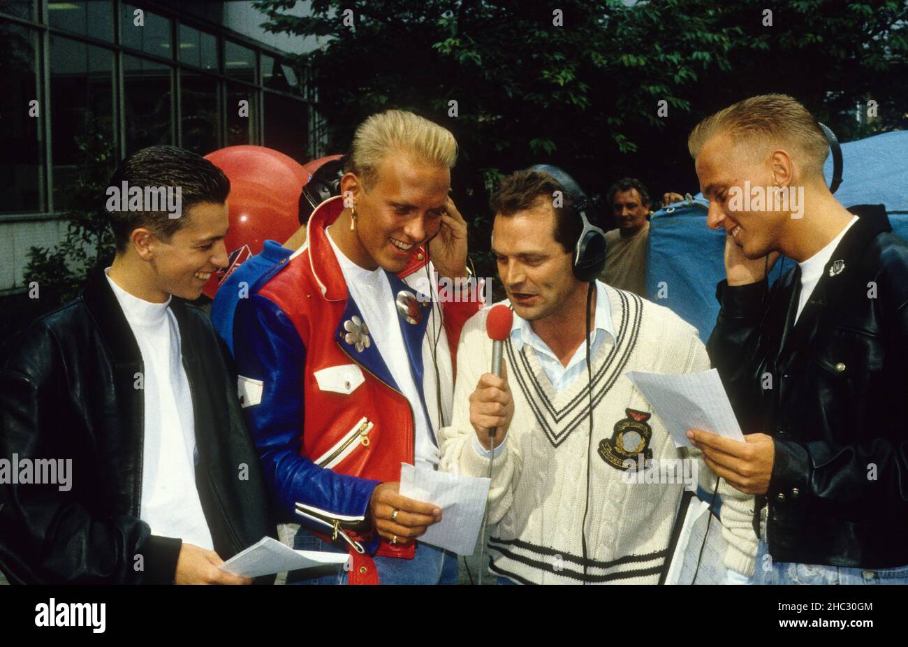 Bros twins Matt and Luke Goss with Craig Logan and DJ Peter Powell at BBC Pebble Mill Stock ...