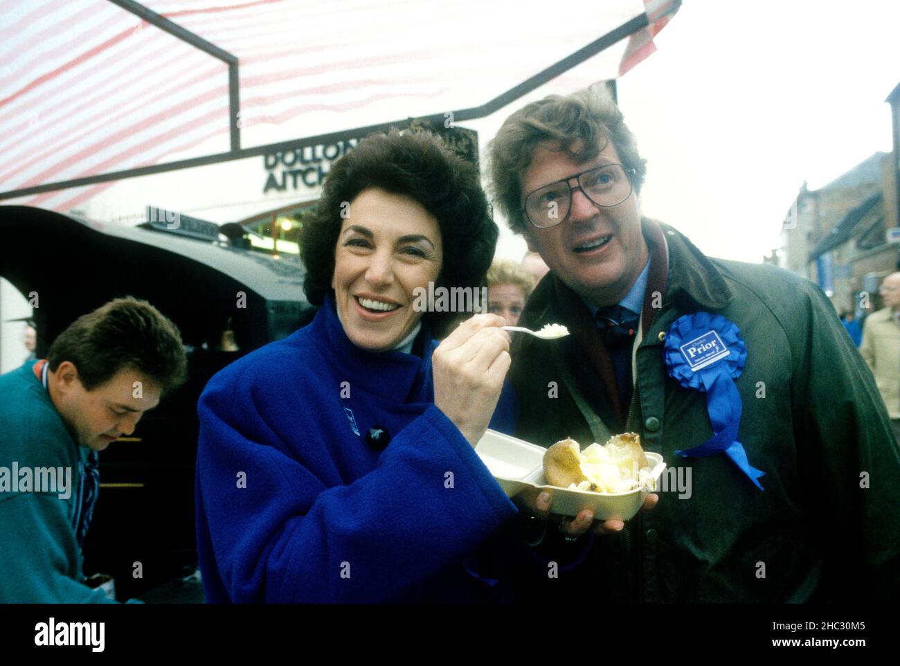 Edwina Curry MP tasting a hot potatoe while campaigning with Lichfield ...