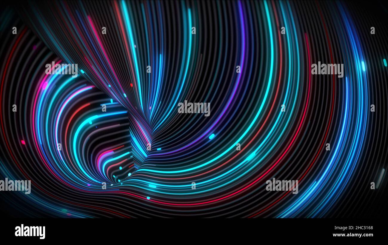 3D rendering spiral bright vortex flows of light on a surface with lines. Colorful decorative ...