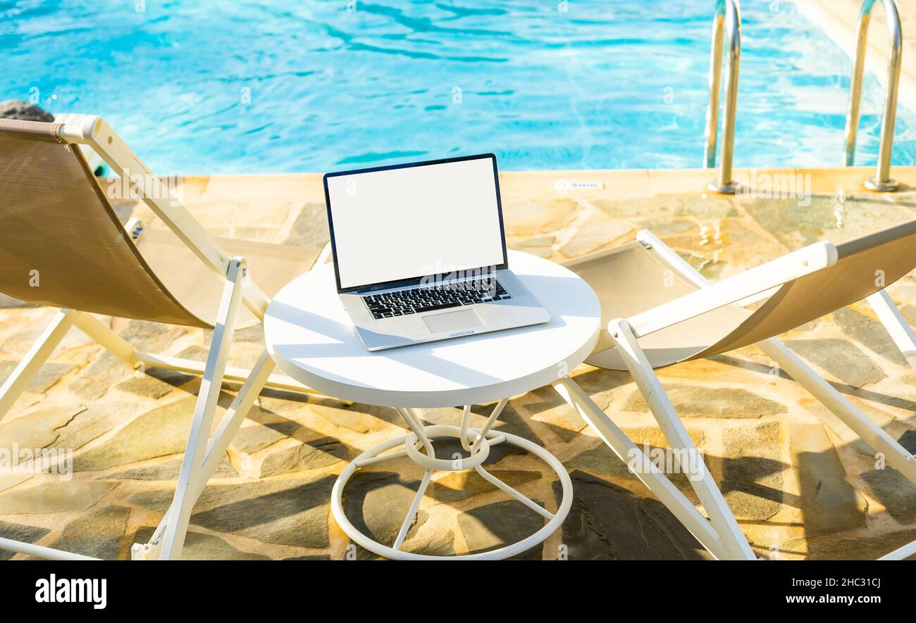 computer on table background as a pool Stock Photo - Alamy