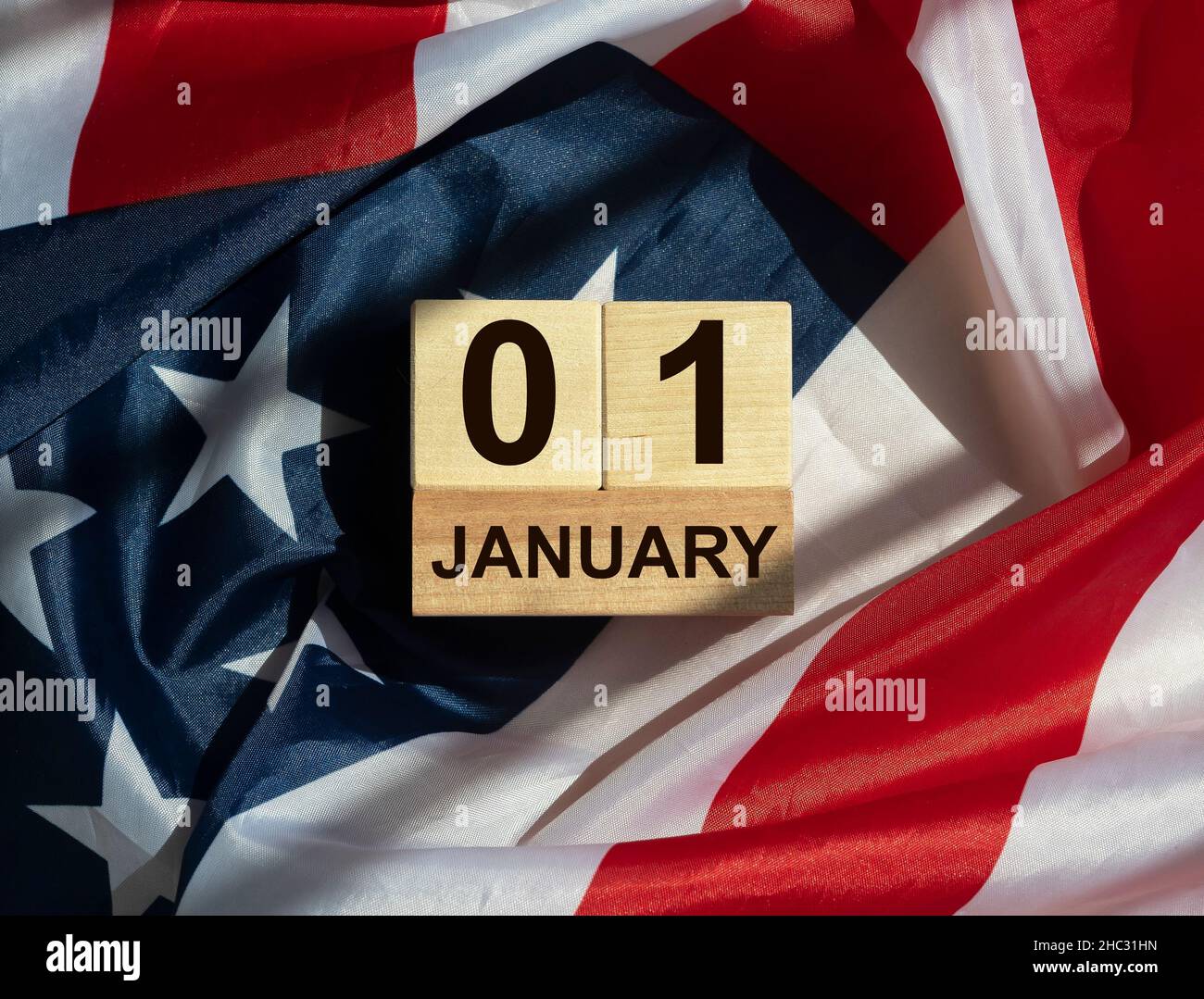 January 1 first on wood calendar, american flag background Stock Photo ...