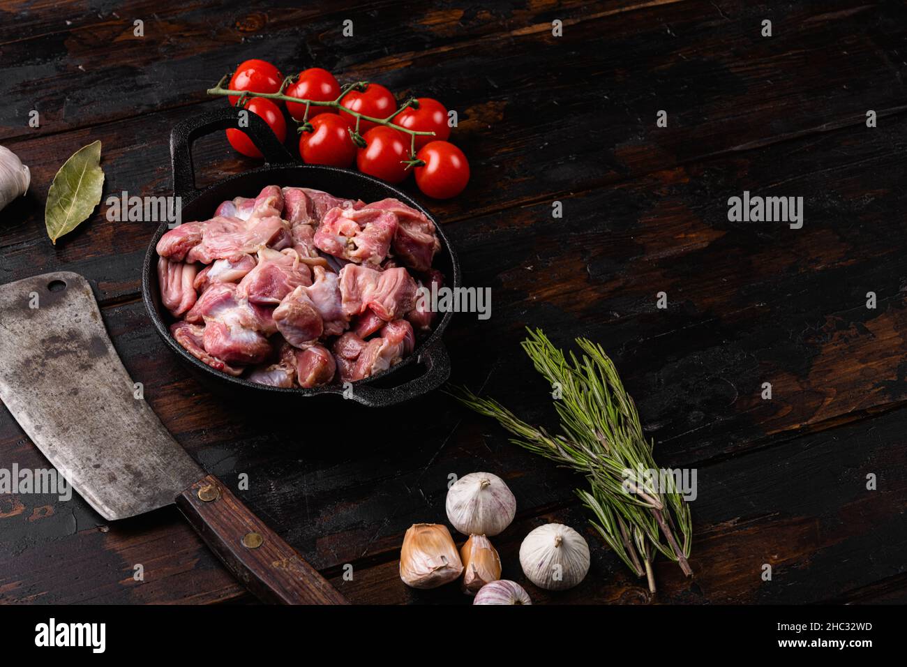 Bird turkey giblets gizzards stomachs. Raw uncooked meat set, on old ...