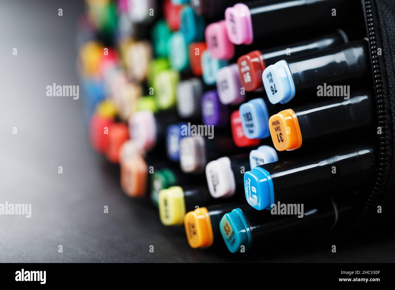 Professional markers for sketching close-ups of different colors. Full ...