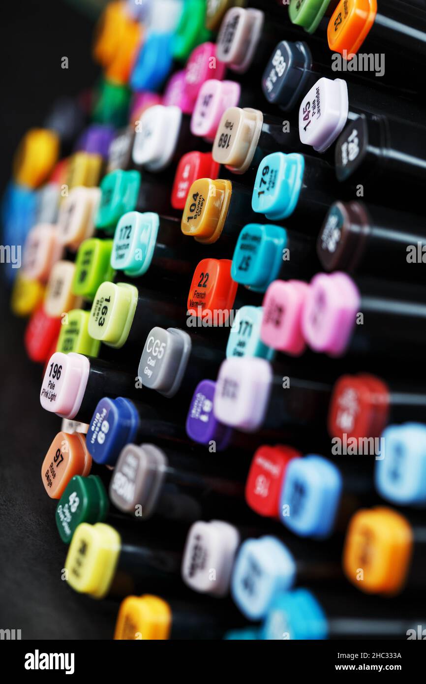 A set of markers for drawing in different colors for sketching with ...