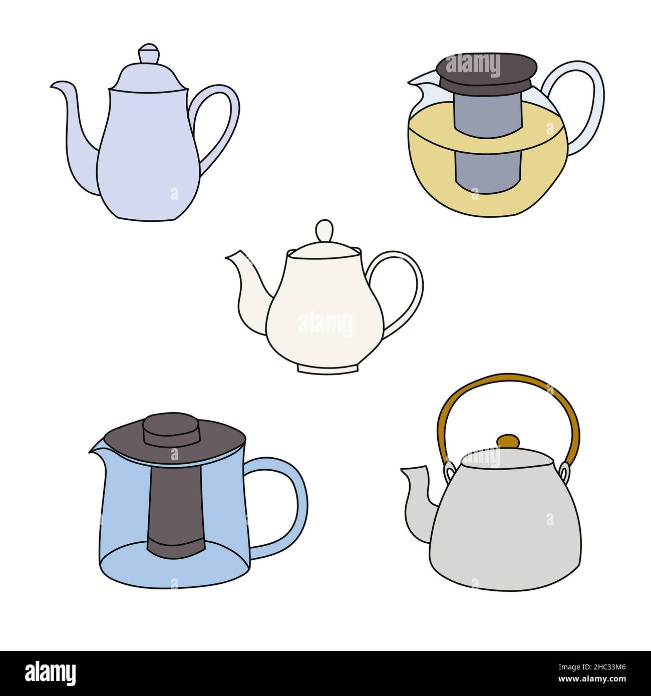 Hand drawn Set of various teapots isolated on white background Stock ...
