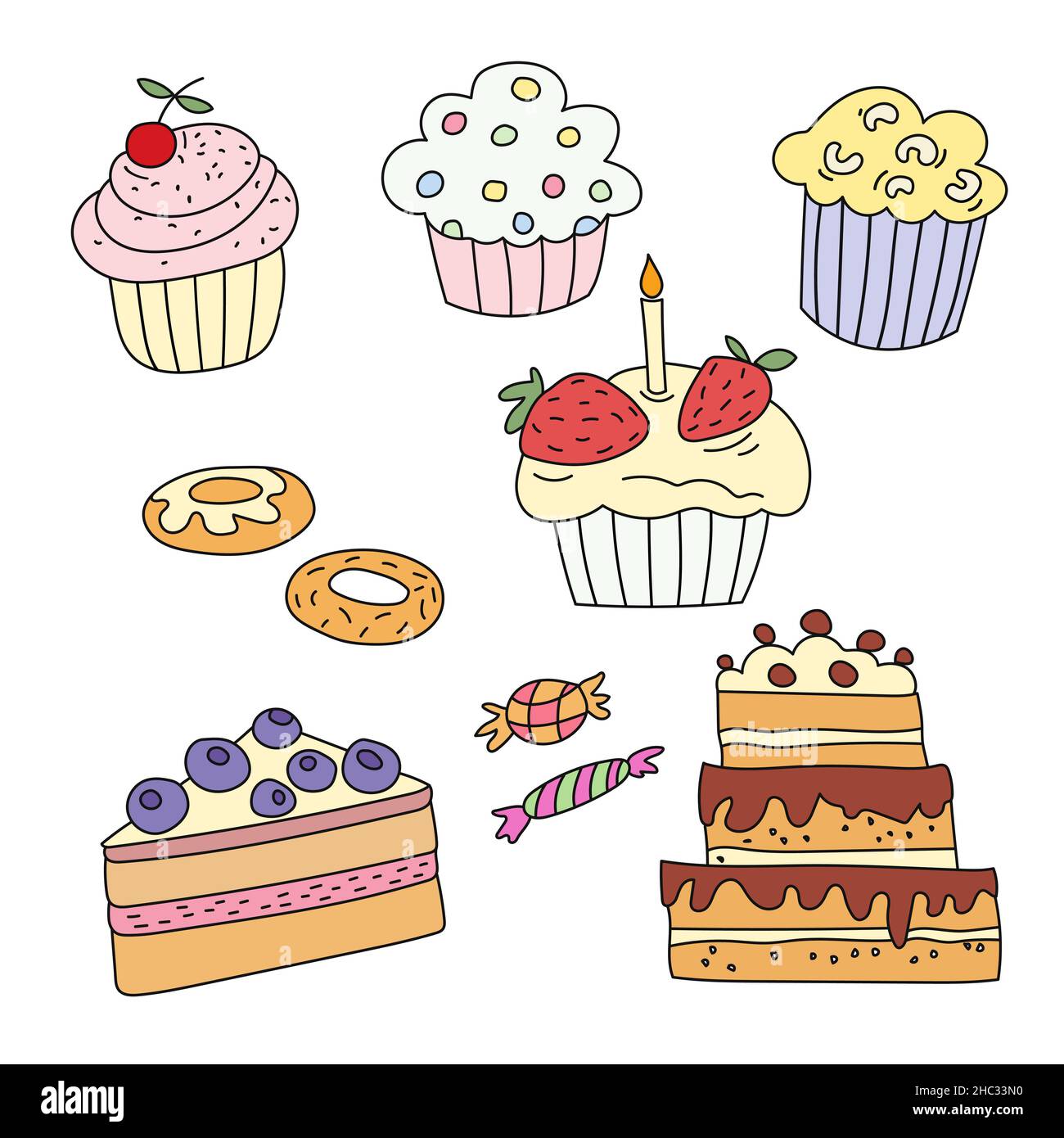 Hand drawn Set of various cakes isolated on white background. Cartoon style Stock Vector Image ...