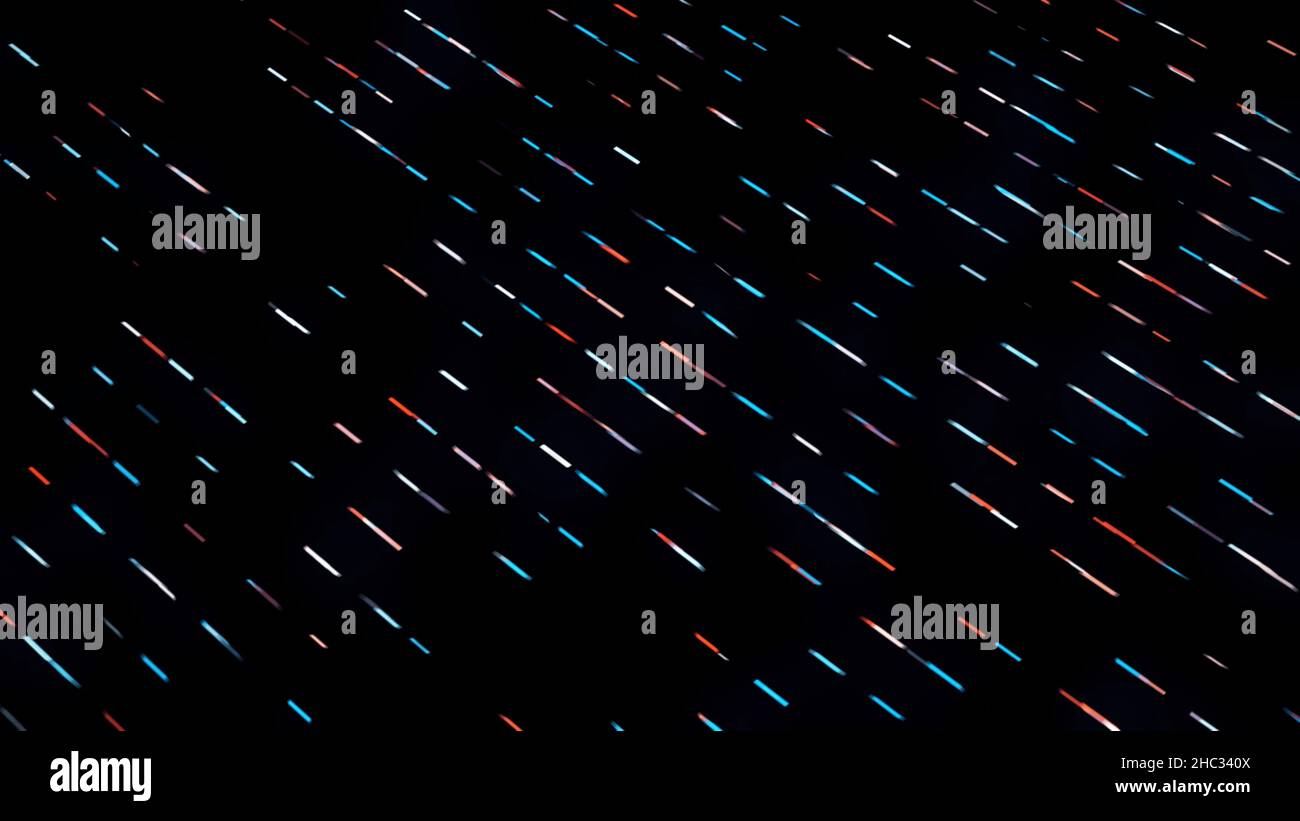 Abstract colorful short lines moving along diagonal trajectory on black ...
