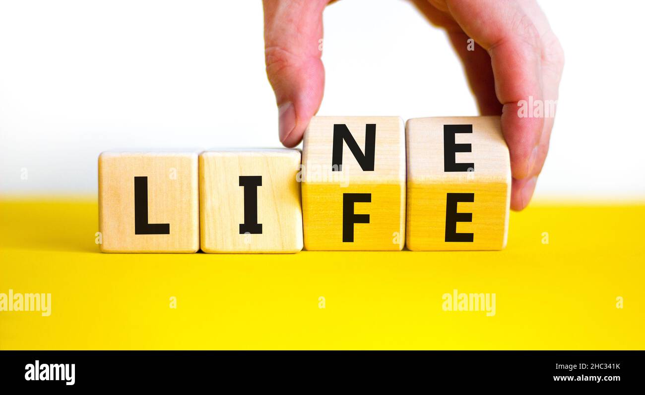 Lifeline, line of life symbol. Businessman hand turns cubes and changes ...
