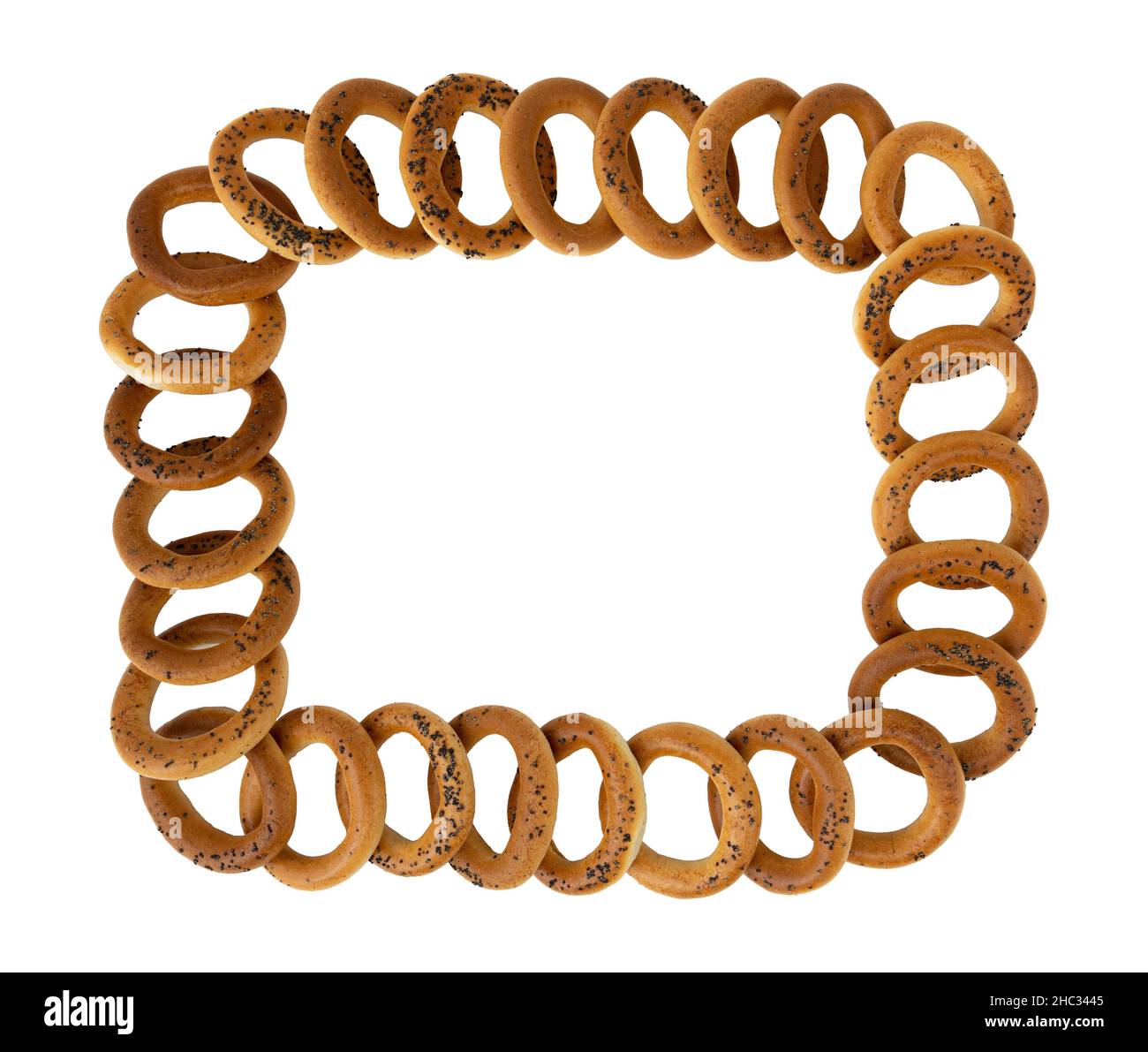 frame of bagels with poppy and empty space for text isolated on white ...