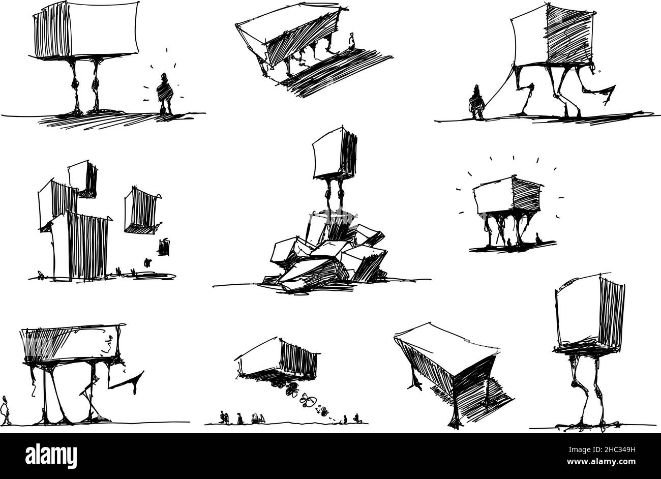 many hand drawn architectectural sketches of a modern abstract ...