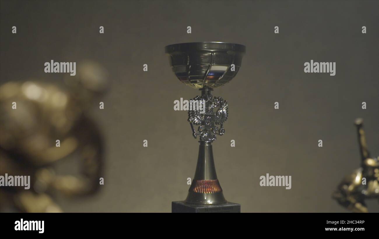 Prize cup against grey background. Hall of fame. Hall of glory. Low key ...