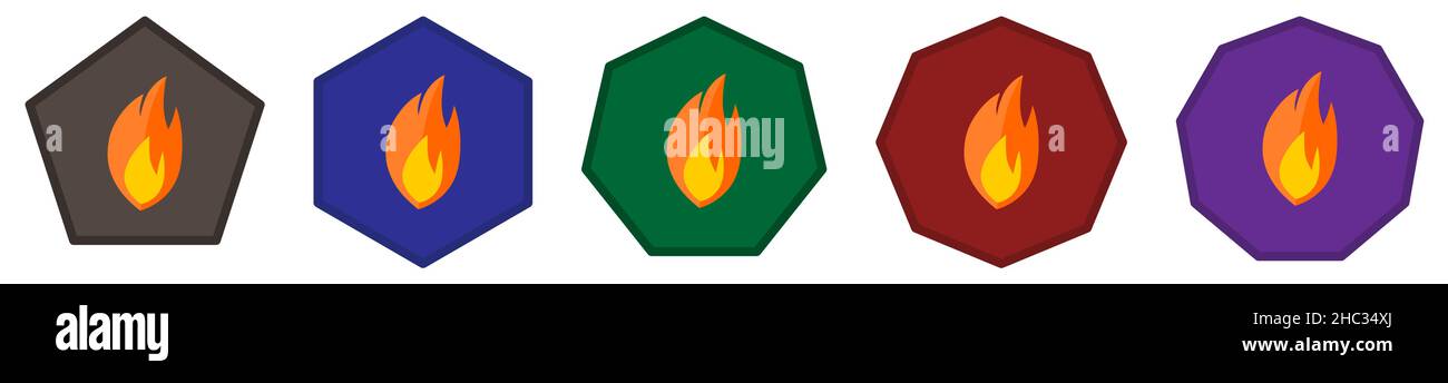 Flame icon in polygons with different number of edges. Fire element ...