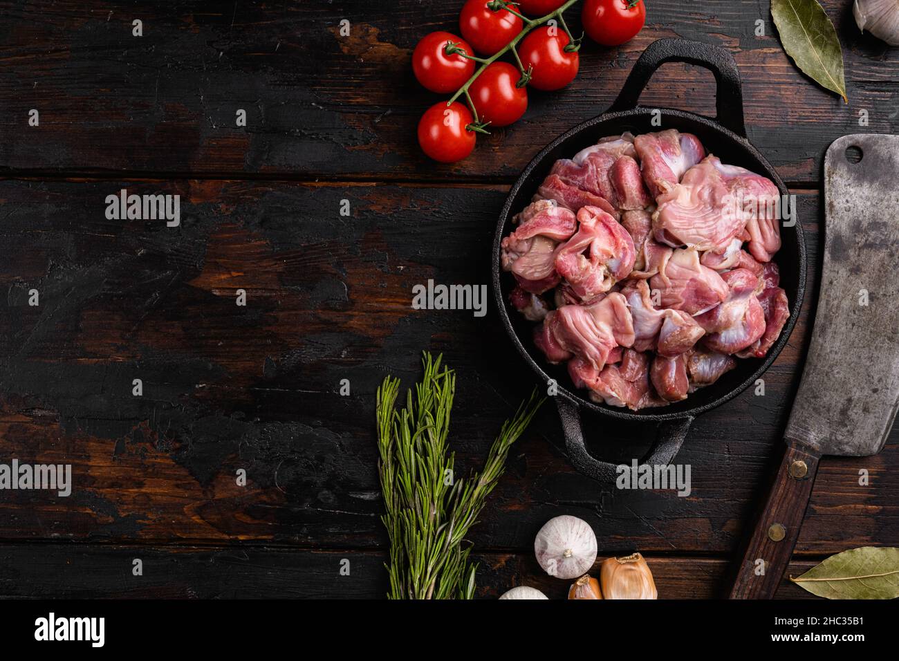 Bird turkey giblets gizzards stomachs. Raw uncooked meat set, on old ...