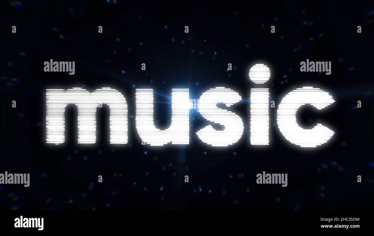 Abstract neon word music twisting and turning intermittently on black ...