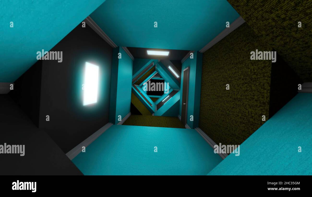 Rotating psychedelic modern interior of the hall. Flying through ...