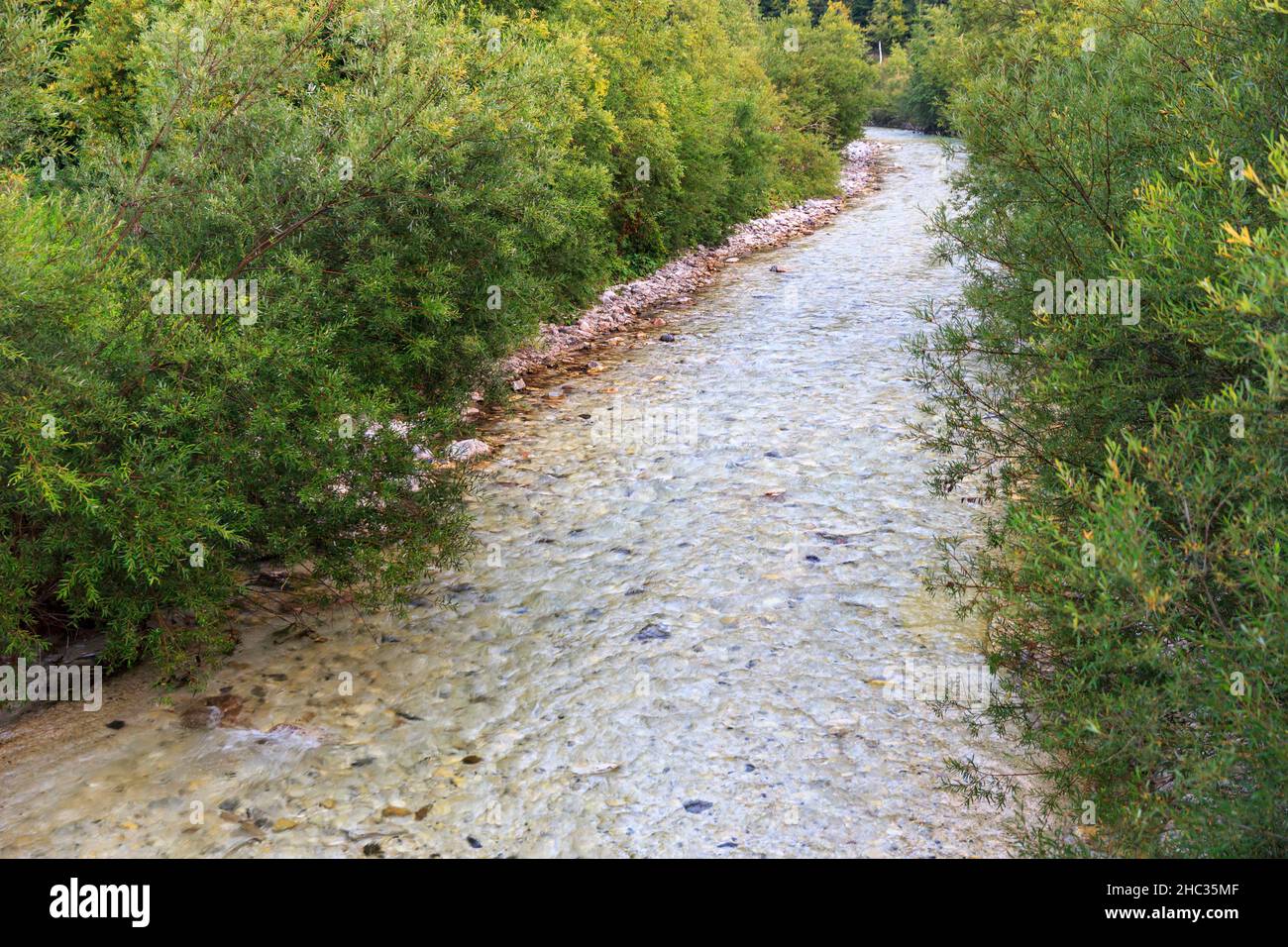 the river save flows slow through green bushes, Triglav National Park ...