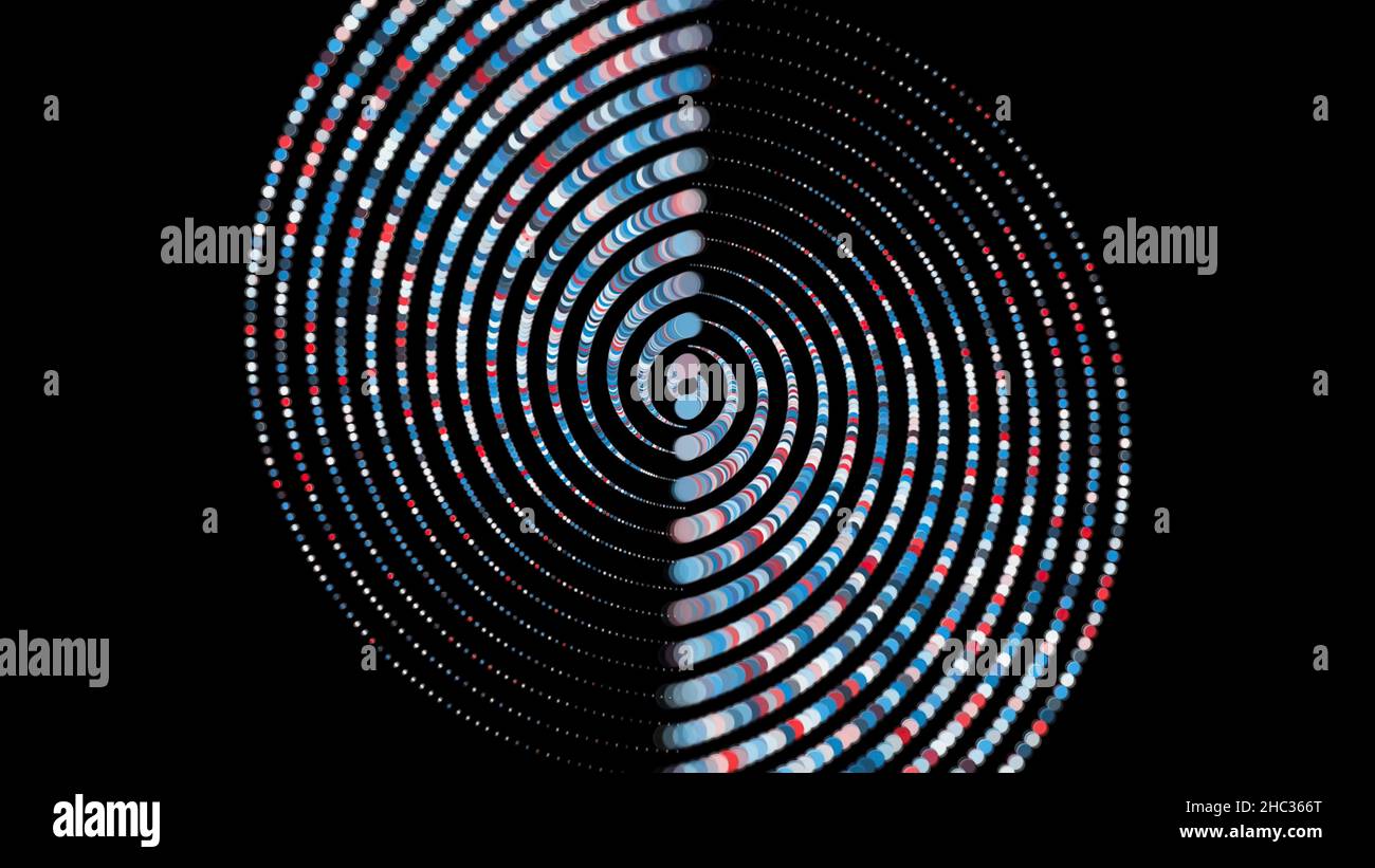 Abstract rows of small circles rotating fast and becoming giant 3D ...