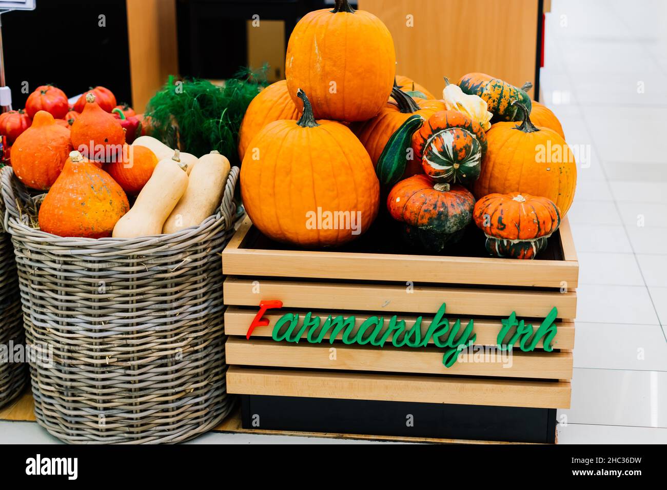Pumpkins and different vegetables in store background Stock Photo - Alamy