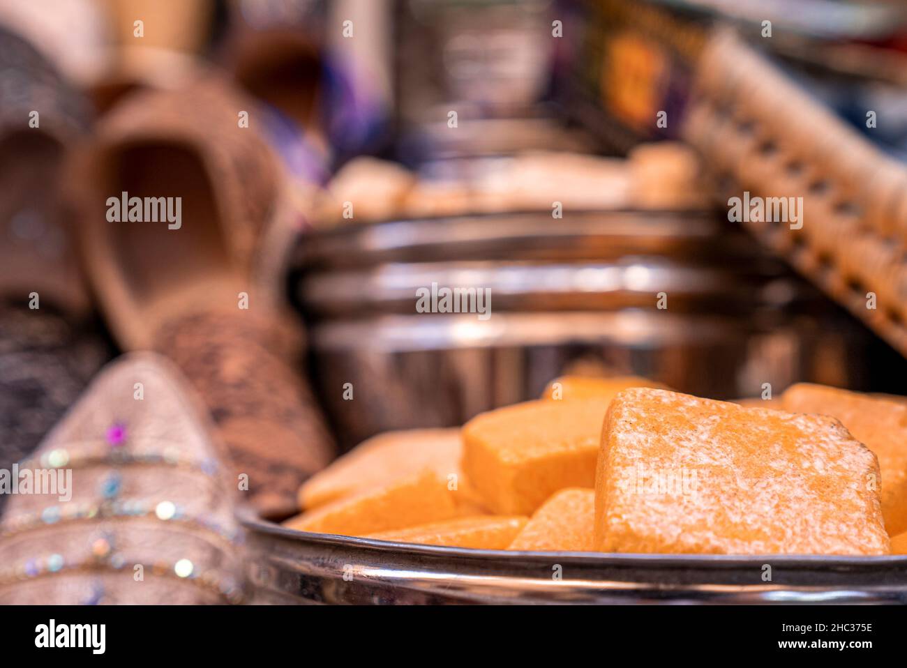 Close up of delicious moroccan sweet for sale at street food stall ...