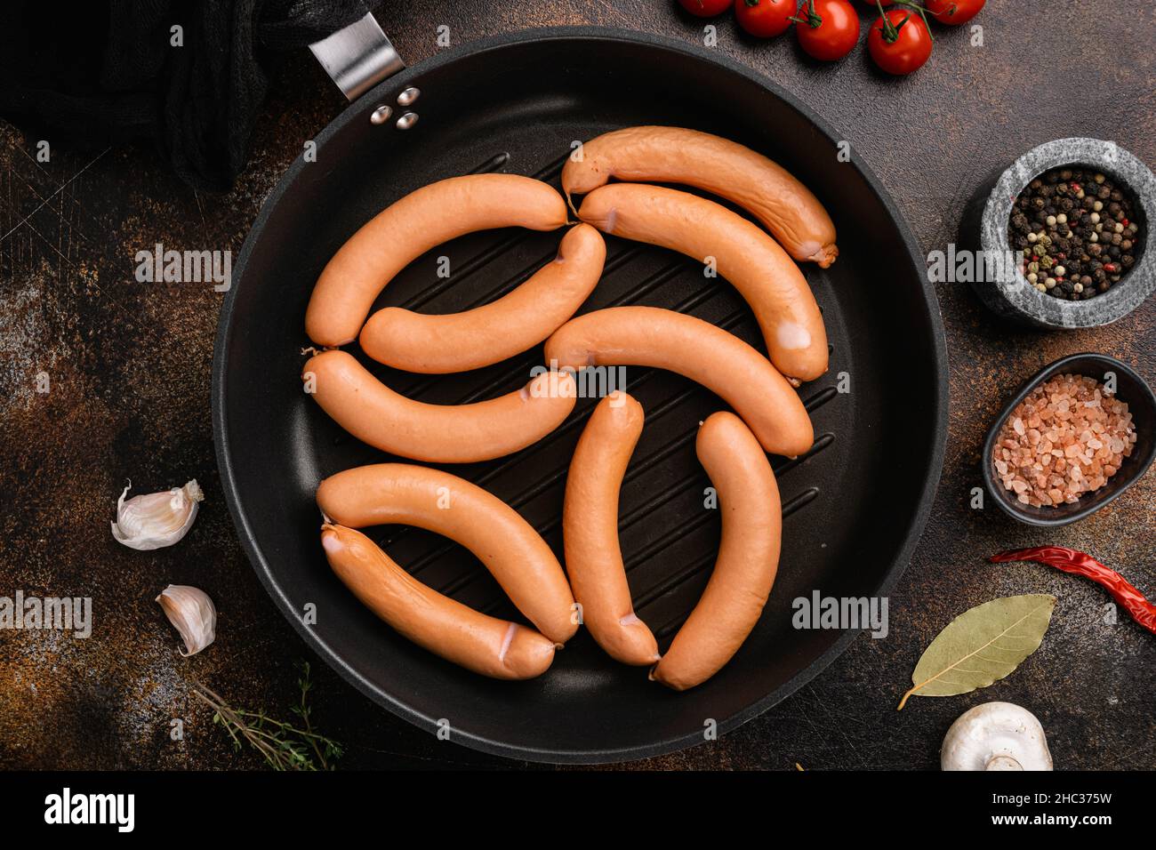 Raw sausage set, on old dark rustic table background, top view flat lay ...
