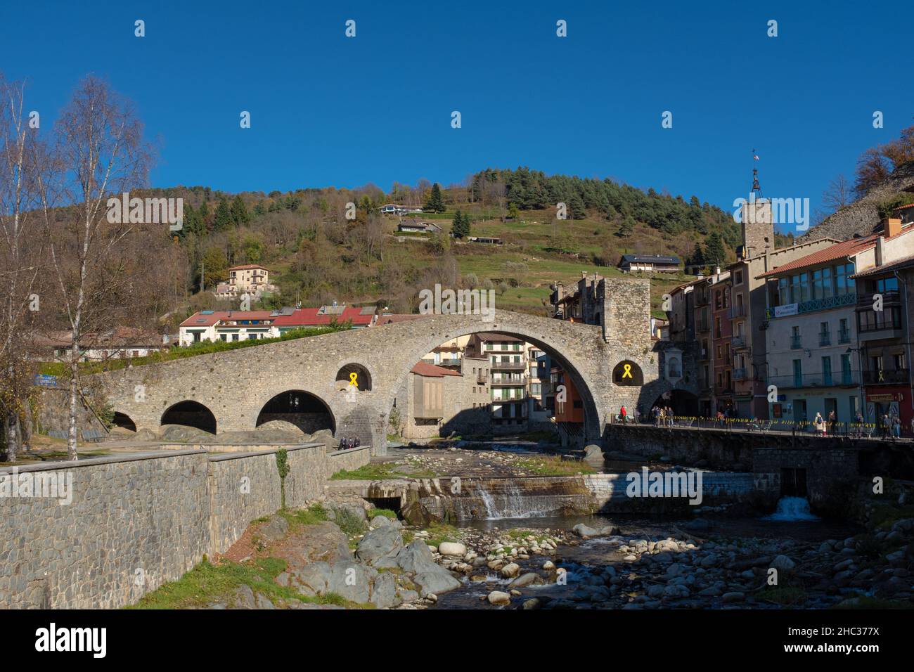 Famous old stone bridge landmark in Camprodon, Catalonia Stock Photo ...