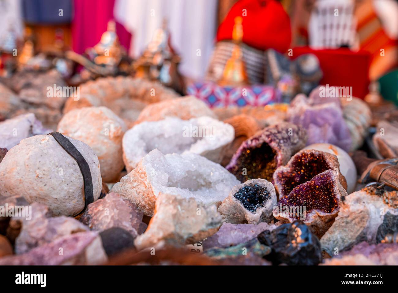 Close up of assortment of minerals for sale at flea market Stock Photo ...