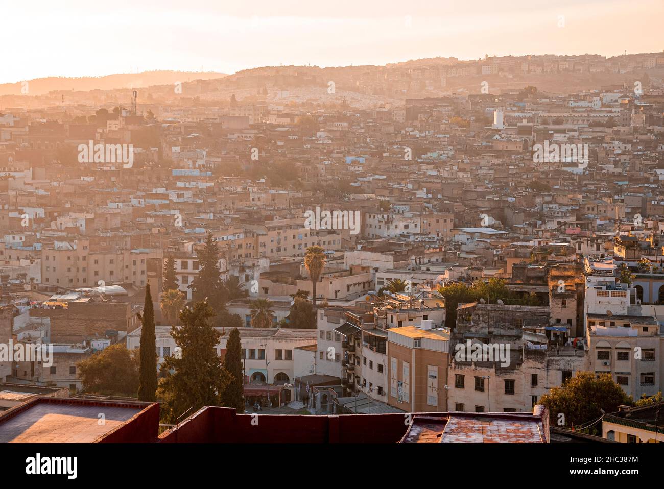 Sunrise or sunset cityscape skyline view of the old town of Fez Stock ...