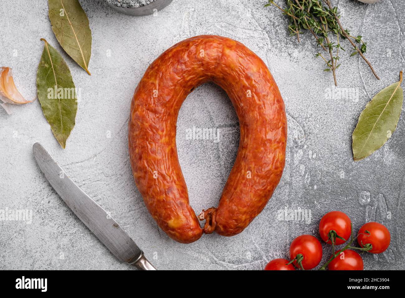 Portuguese smoked sausage set, on gray stone table background, top view ...