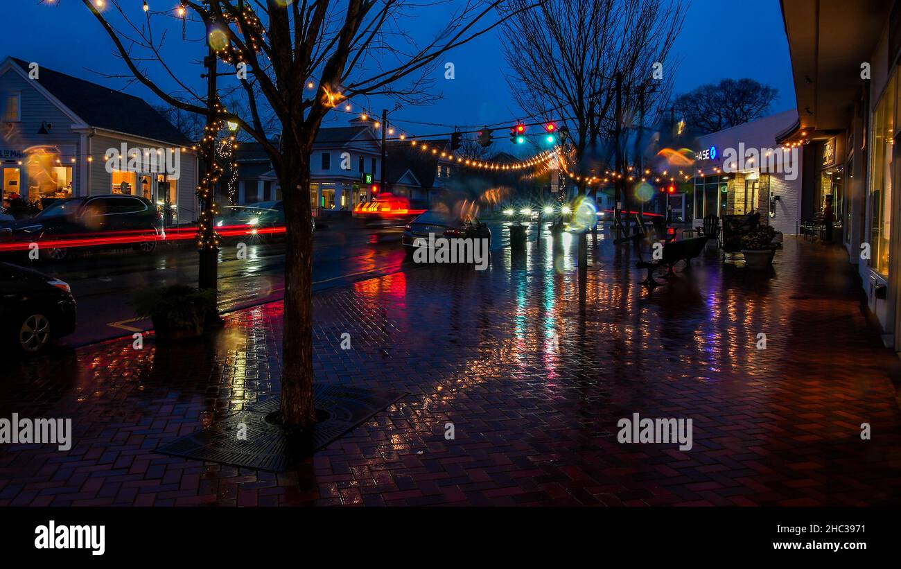 WESTPORT, CT, USA - DECEMBER 18 2021: Main Street in rainy day before ...